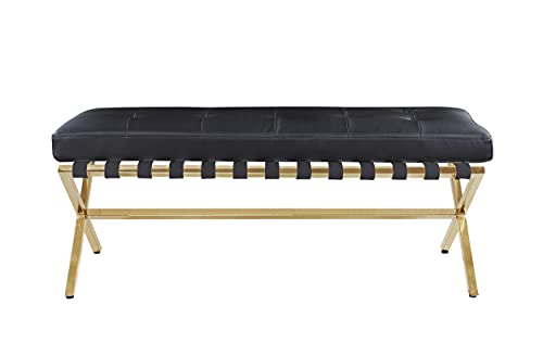 Iconic Home Claudio PU Leather Modern Contemporary Tufted Seating Goldtone Metal Leg Bench, Black