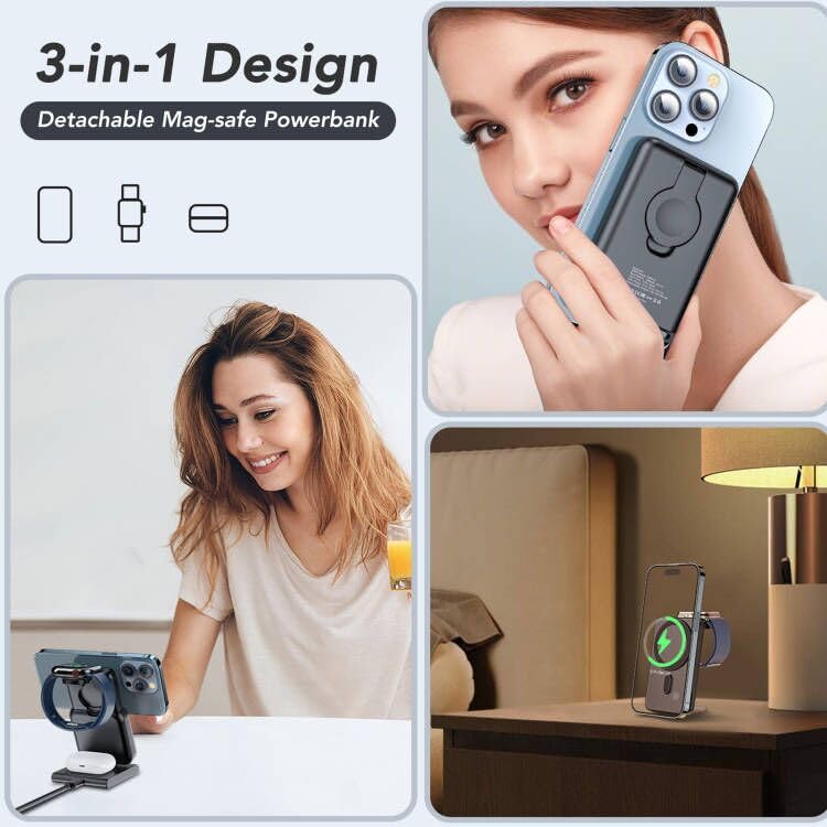 3 in 1 Wireless Charging Station,5000mAh Fast Foldable Portable Charger Battery Pack USB C Power Bank for MagSafe,for iPhone 15 14 13 12 Series/Apple Watch/Airpods with 20W Charger Adapter (Black)