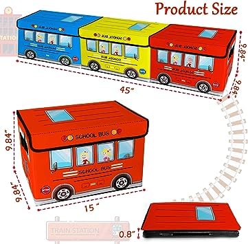 Bus Storage Box for Kids, Foldable Toy Boxes Books, Children's Toy Bin with Lids, School Design for Boys and Girls, Multi-Function Toy Box, Gift Set, Toddler Playroom (3)