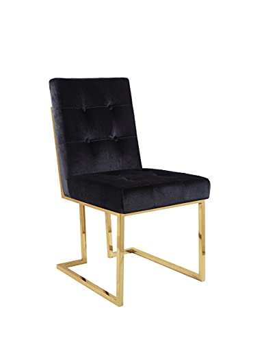 Iconic Home Liam Contemporary Brass Metal Frame Modern Tufted Velvet Polished Dining Side Chair, Black (Set Of 2)
