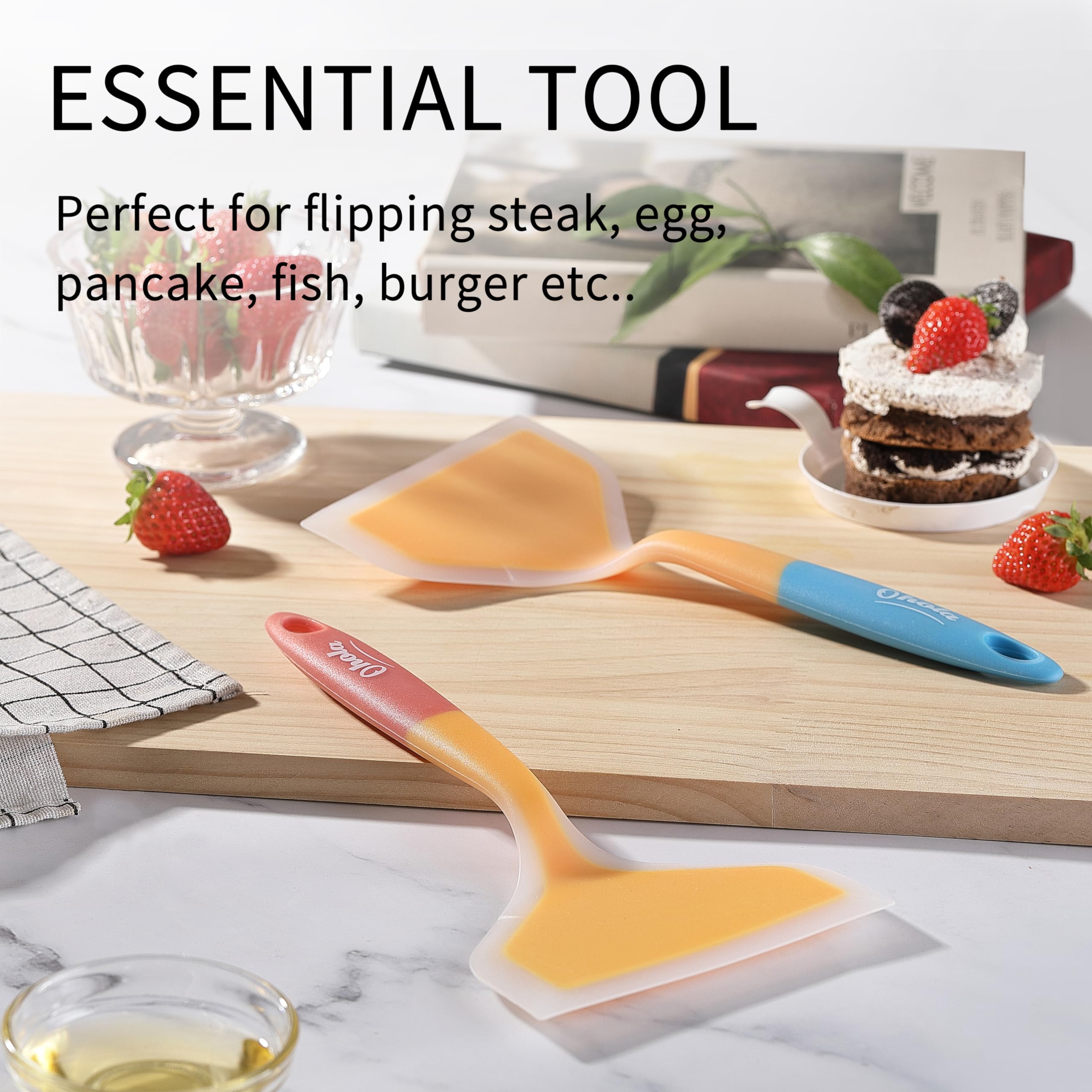 2PCS Wide Silicone Spatulas, OHOLA Heat Resistant Silicone Spatula Set, Kitchen Spatula for Pancake, Eggs, Fish and more, Flexible Turner with Short Handle, BPA-FREE, Dishwasher Safe (Multi-Color)