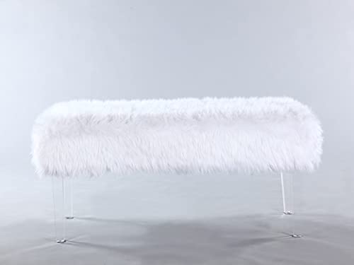 Iconic Home Trento Modern Contemporary Faux Fur Acrylic Leg Bench, White