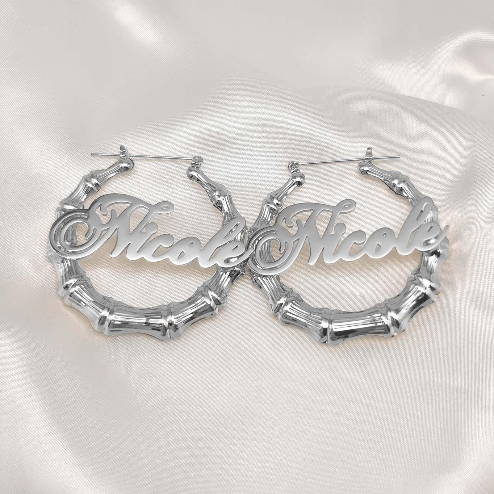 3UMeter Custom Bamboo Hoop Earrings for Women Silver Plated Custom Name Earrings Personalized for Women as a Jewelry Gift