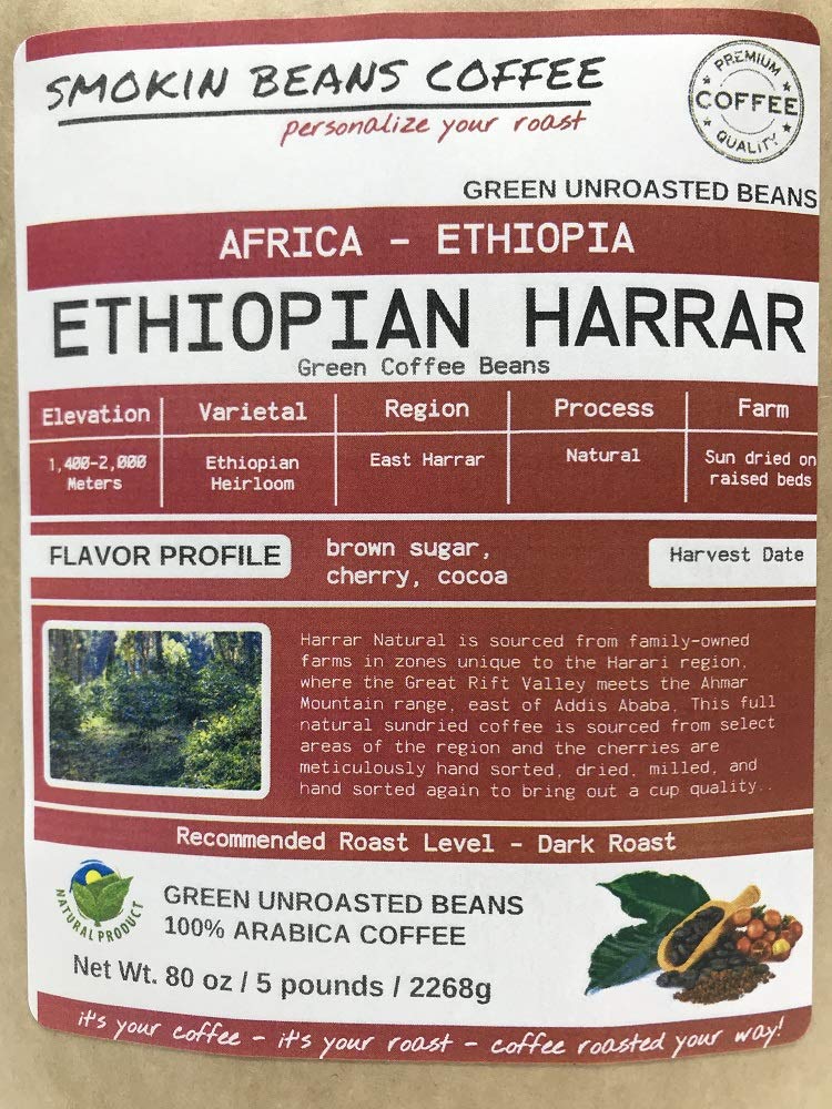 5-pound Ethiopia Harrar Natural (Unroasted Green Coffee Beans) African heirloom Arabica coffee fresh current-crop beans for home coffee roasters specialty-grade coffee beans includes a free burlap bag