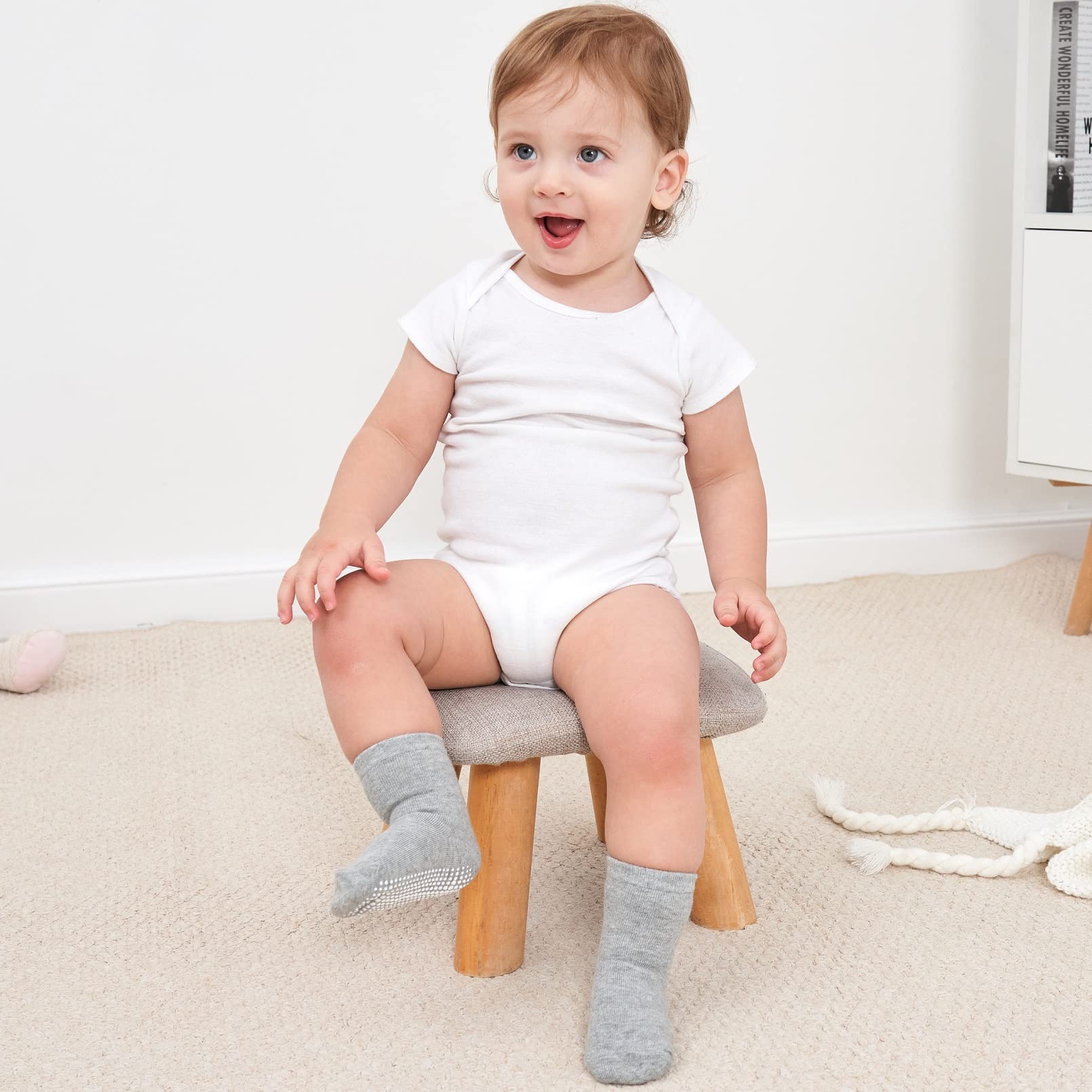 ZAPLES Baby Non Slip Grip Crew Socks with Anti Skid Soles for Infants Toddlers Kids Boys Girls, Assorted 12 Pack, 12-36 Months