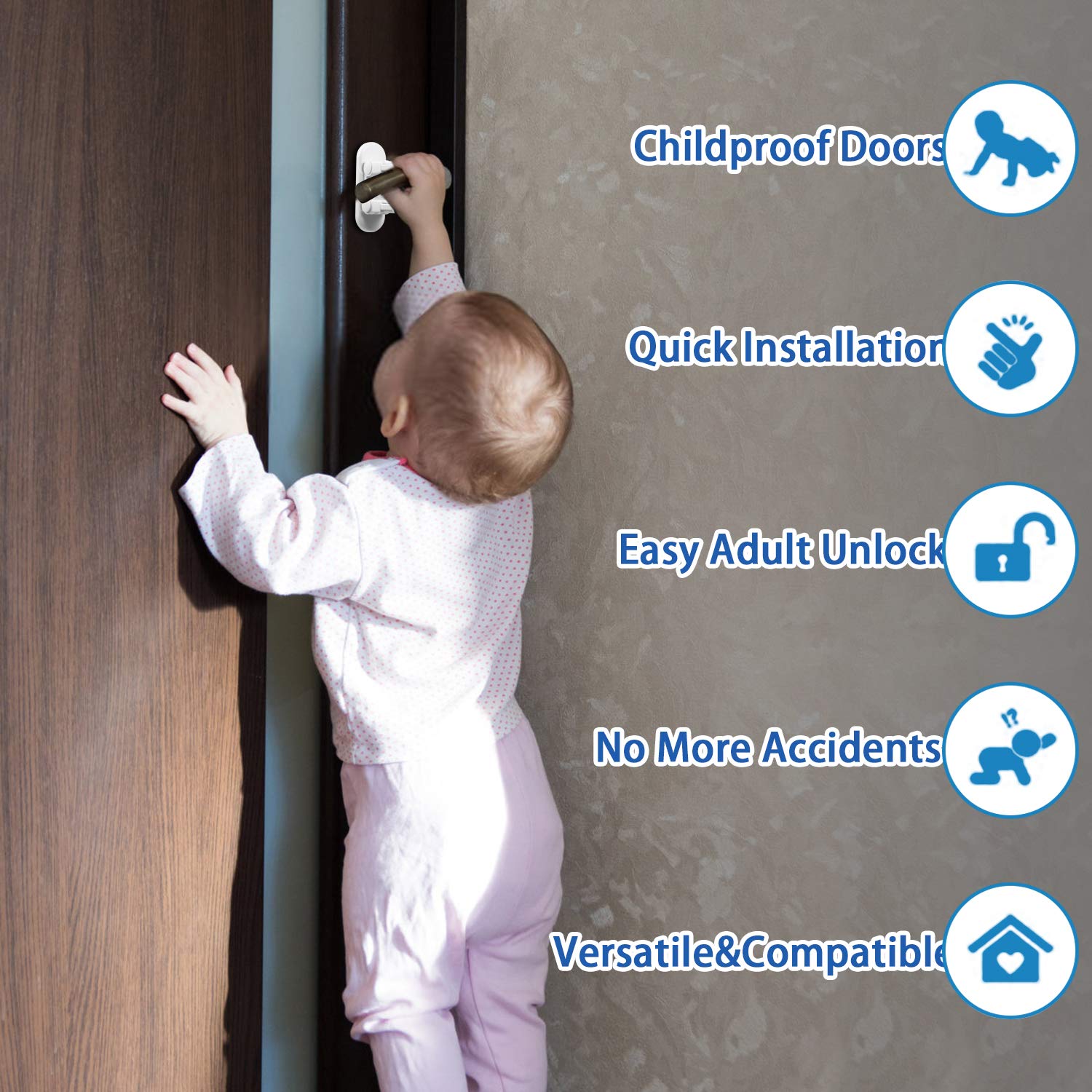 4 Pack Childproof Door Lever Lock Prevent Toddlers from Opening Doors.Unique Double Lock System Design.Easy to Install Without Any Screw Tools. (White)