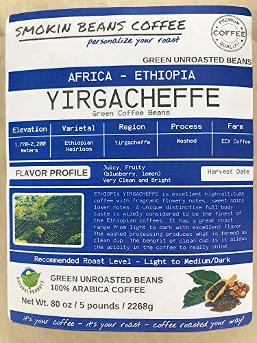 5 Pounds – African - Ethiopia Yirgacheffe - Unroasted Arabica Green Coffee Beans – Varietal Ethiopian Heirloom – Drying/Milling Process Washed SunDried – Unique Distinctive Taste - Includes Burlap Bag
