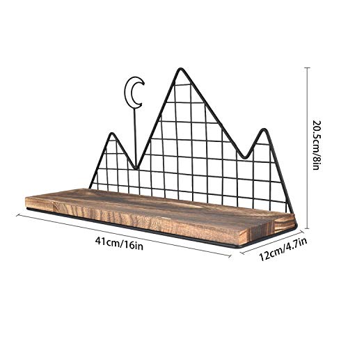 Homode Floating Shelves, Set of 2 Mountain Wall Shelves, Rustic Wood Display Storage Shelf with Metal Wire, Geometric Decor for Bathroom, Nursery, Bedroom, Office