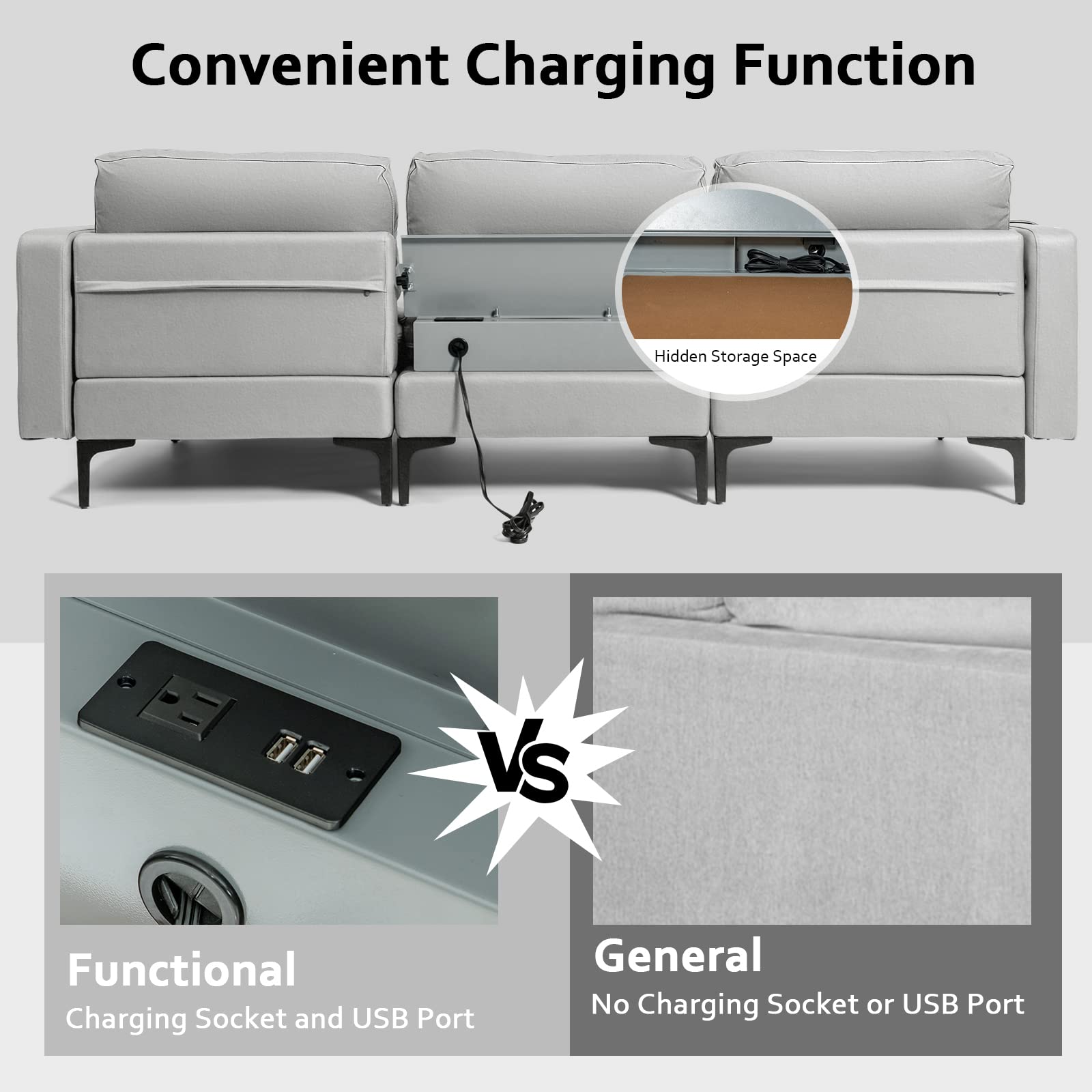 Giantex 94.5" L Convertible Sofa Couch, 3 Seat Sectional Sleeper with USB Ports & Socket, Reversible Chaise Lounge, Storage Box, L-Shaped Modular Sofa for Living Room Bedroom Office, Light Grey