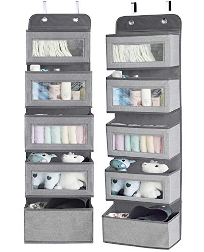 homyfort Over the Door Hanging Organizer Storage with 5 Large Pockets,Wall Mount Storage with Clear Windows and 2 Widened Metal Hooks for Pantry,Nursery,Diapers,Bathroom,kitchen,Closet,Dorm(Grey)