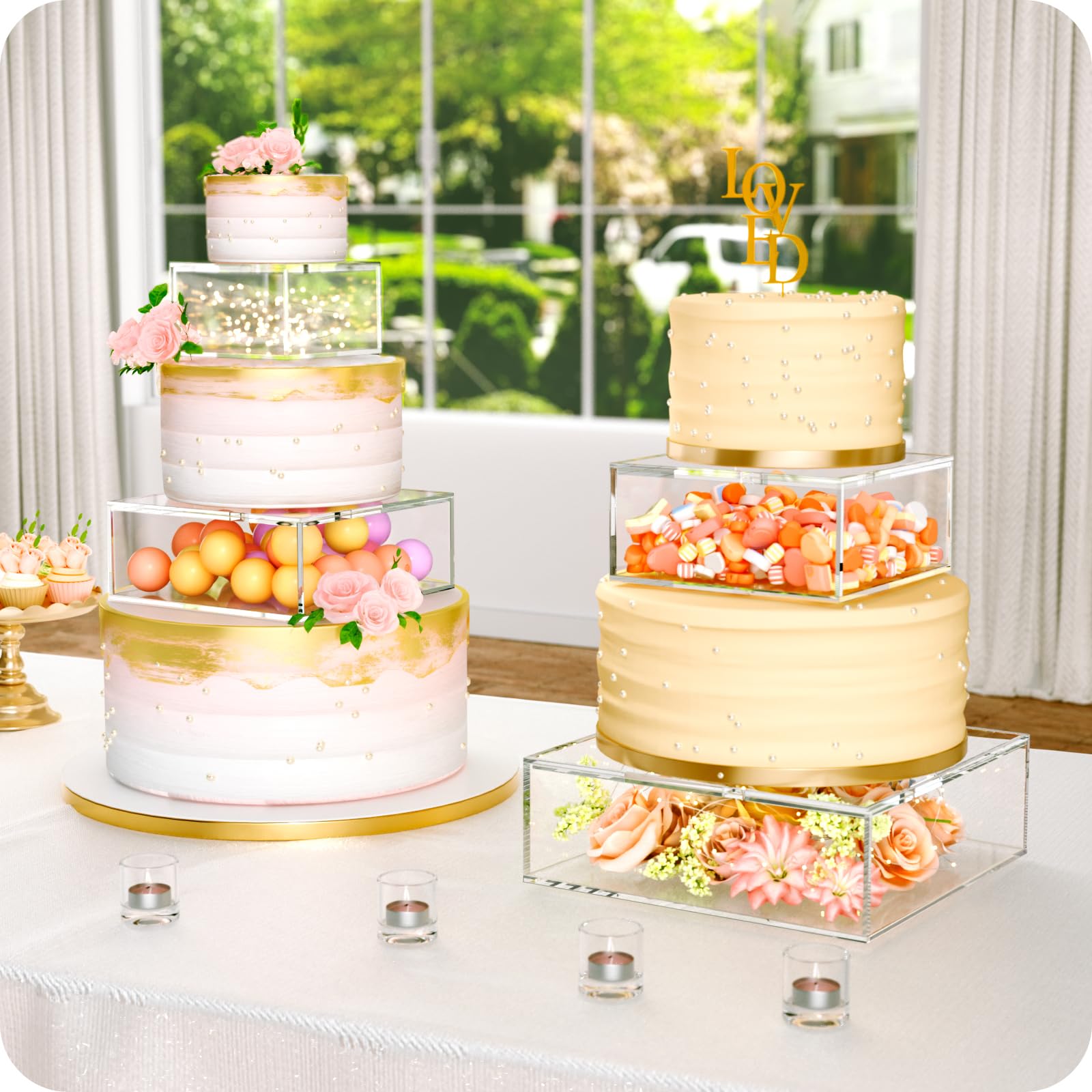 2PCS Clear Acrylic Cake Stand, Fillable Cake Box Riser Cake Tier, Square Cake Display Box with Lid, Decorative Centerpiece Box for Wedding Birthday Party (2pcs, 10" Dx4β H; 6" Dx4β H, 2M LED Lights)