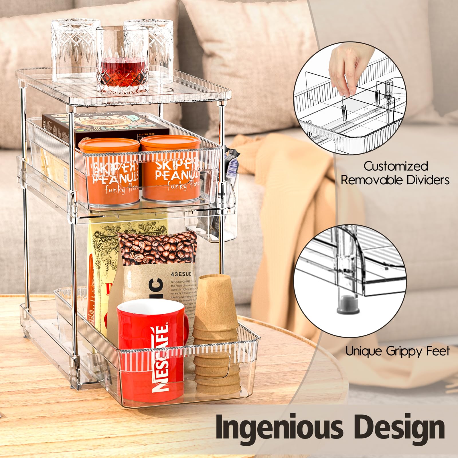 3 Tier Clear Bathroom Organizer 2 Pack, Under Sink Organizers Clear with Dividers, Multi Purpose Slide-Out drawers Organizer for Bathroom Pantry Organization and Storag, Medicine Cabniet Organizer