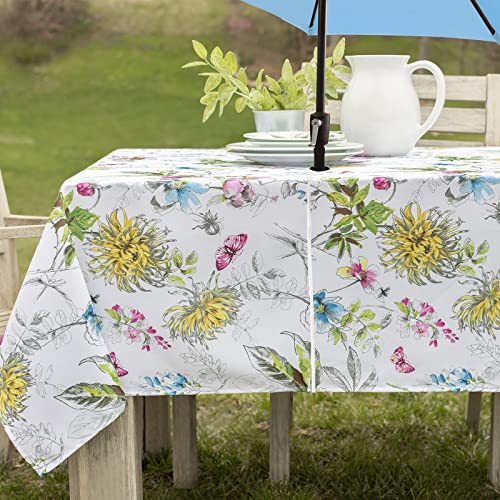 Benson Mills Spillproof Spring/Summer Fabric Outdoor Tablecloth with Umbrella Hole, Zippered Table Cloth for Rectangle Tables, Picnic/Patio (Blooming Floral, 60" X 84" Rectangular with Umbrella Hole)
