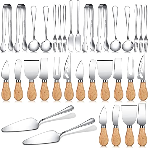 60 Pieces Cheese Knife Set Butter Spreader Knife Stainless Steel Spatula Charcuterie Board Accessories Utensils with Wooden Handles Mini Serving Tongs Spoons Forks for Birthday Wedding Christmas