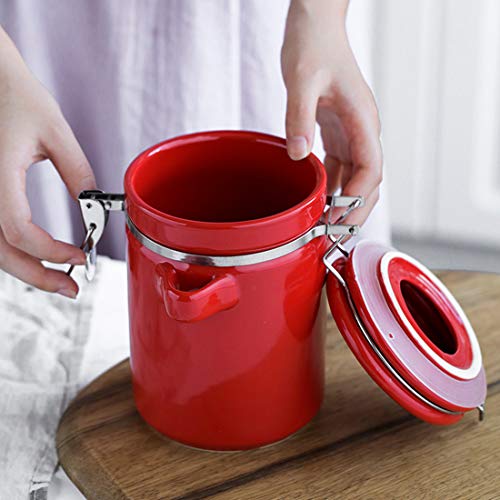 Porcelain Coffee Sealed Canister with Valve Blocks Tea Cans Powder Candy Beans Jars Food Container Spice Storage Bottle with Lid Spoon (Red, 35oz)