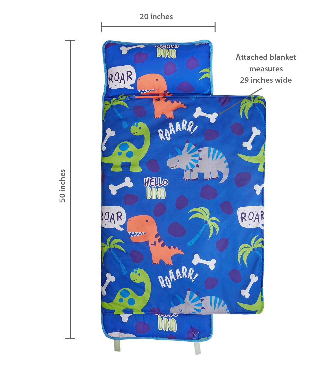 EVERYDAY KIDS Nap Mat with Removable Pillow - Roarin' Dinos - Carry Handle with Straps Closure, Rollup Design, Soft Microfiber for Preschool, Daycare, Travel Sleeping Bag - Ages 3-6 Years