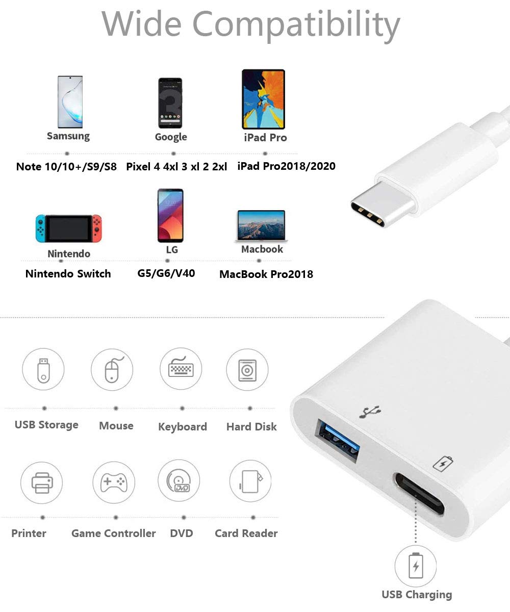USB C OTG Adapter with Power, 2 in 1 USB C to USB Female with 60W PD Charging Adapter Compatible with iPhone 15/15Pro, iPad Pro, Galaxy S24/S23/S22/S21, Pixel 8/7/6, Google Chromecast with Google TV