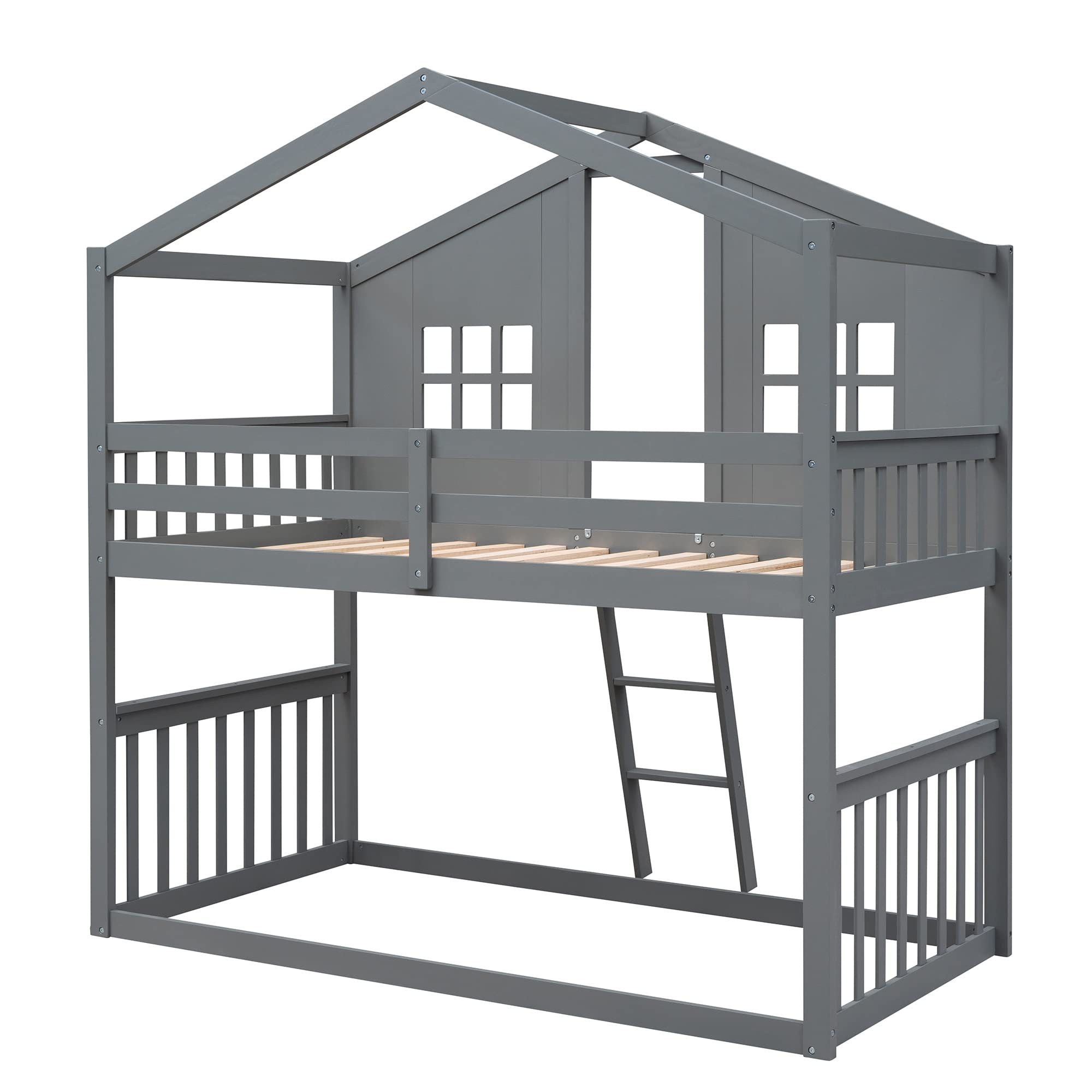 Harper & Bright Designs House Bunk Bed Twin Over Twin Kids Bunk Bed Wood Frame for Girls Boys, Roof Design (Twin Size, Gray)