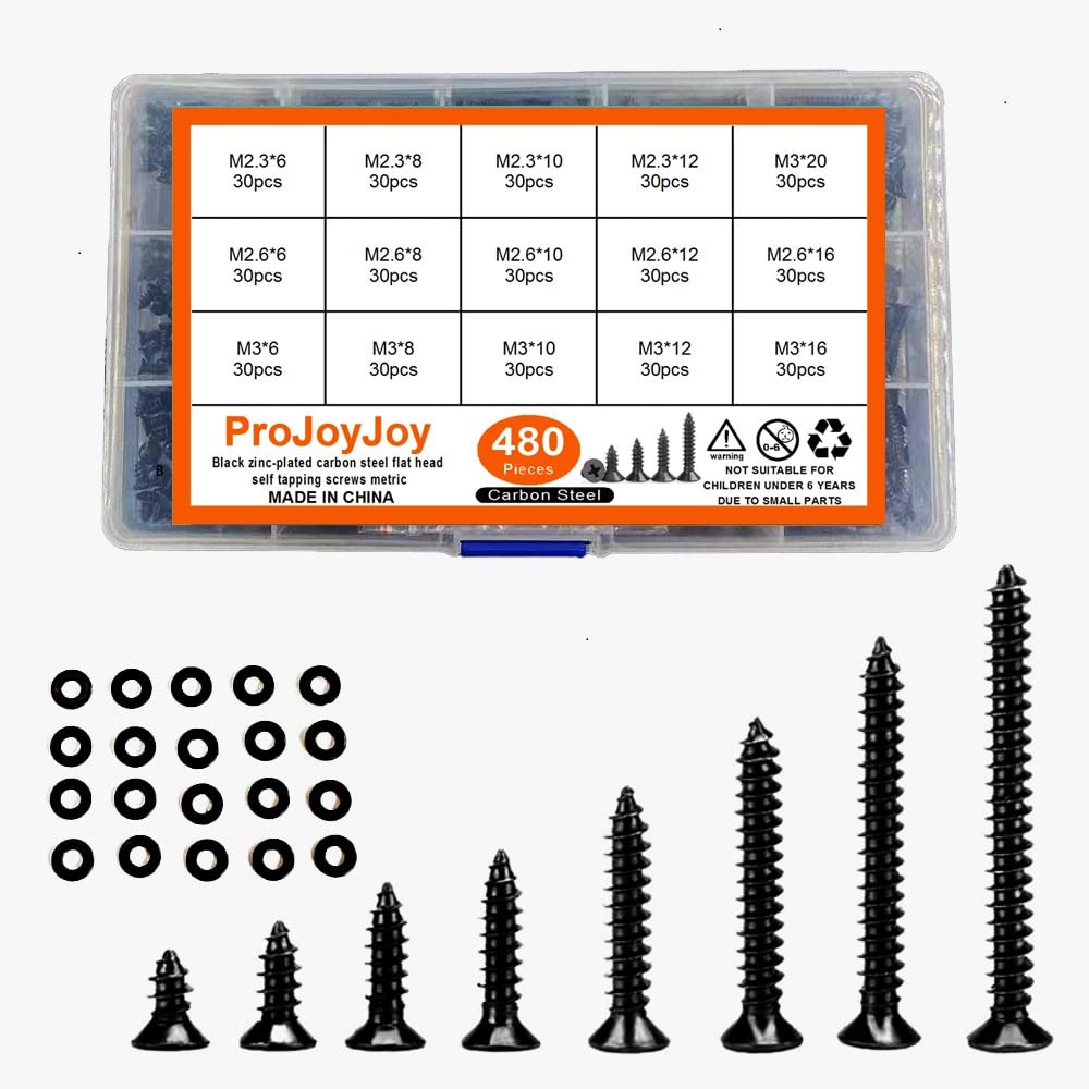 450Pcs Black Wood Screw Assortment Kit, M2.3/M2.6/M3 Zinc-Plated Carbon Steel Flat Head Self Tapping Screws Assortment Kit,Self Tapping Metal Screws Kit with Cap Covers.