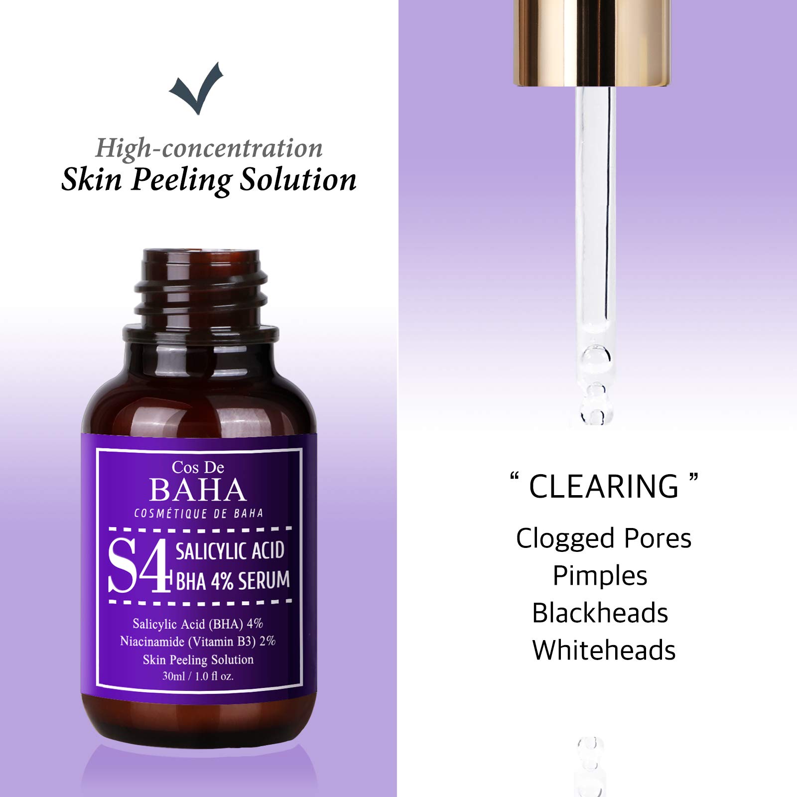 Cos De BAHA Salicylic Acid 4% Exfoliating Facial Serum with Niacinamide, 1 Fl Oz (30ml)