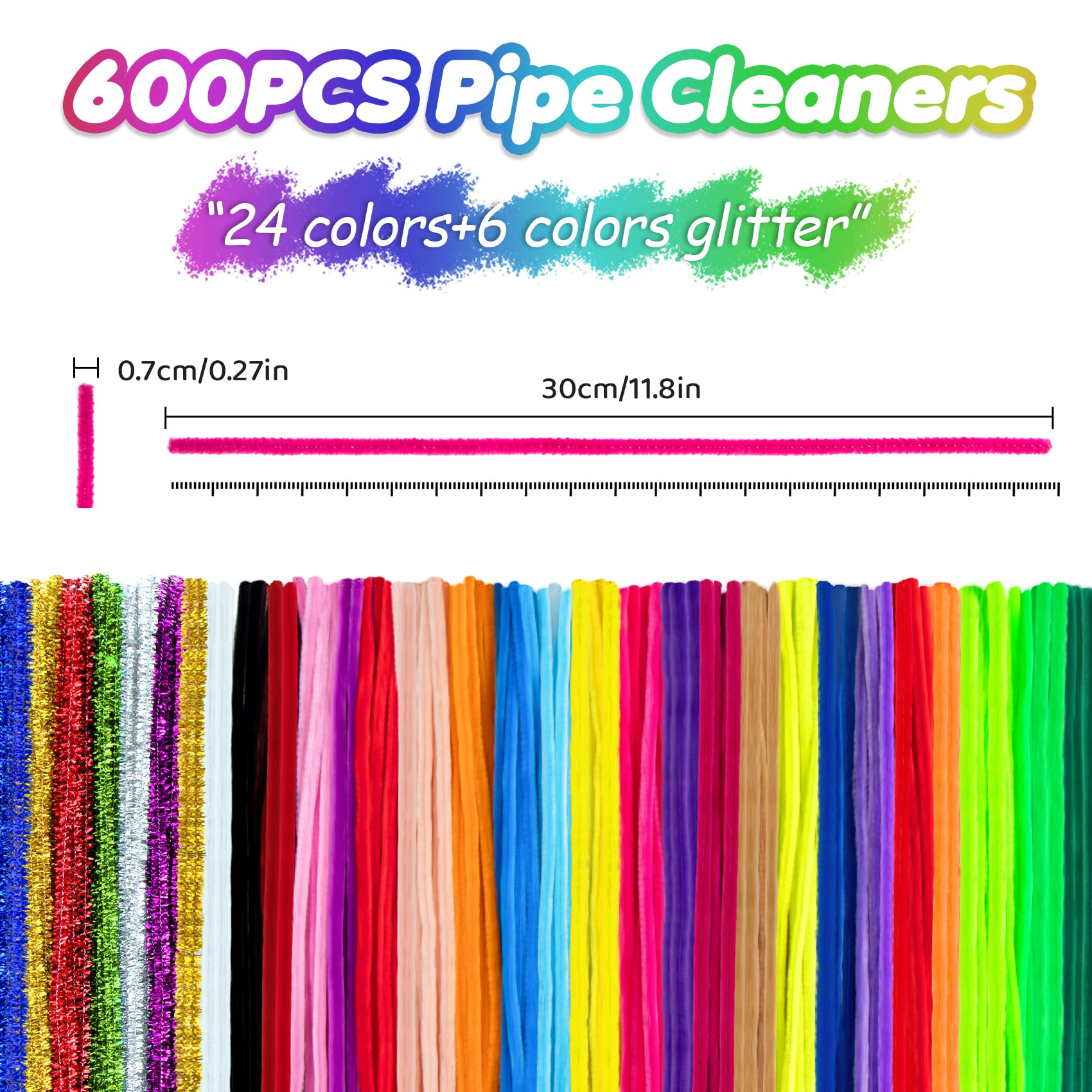 Acerich 600 Pcs Pipe Cleaners 30 Colors Chenille Stems DIY Art Craft Decorations (7 mm x 12 Inch)