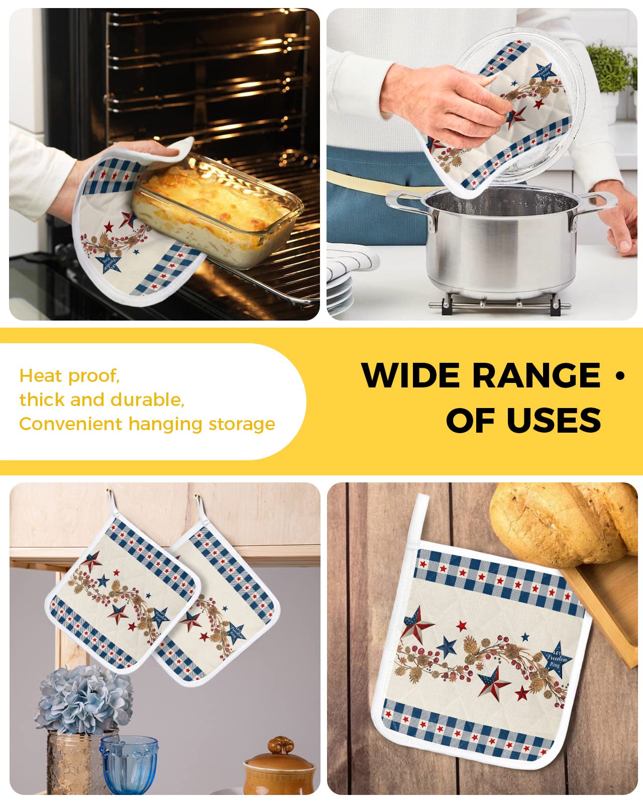 4th of July Pot Holders for Kitchen Heat Insulation, Blue Plaid Red Star Independence Day Potholders Hot Pads with Hanging Loop, Washable Oven Mitts Pot Holder Trivet for Cooking Baking 5 Pack