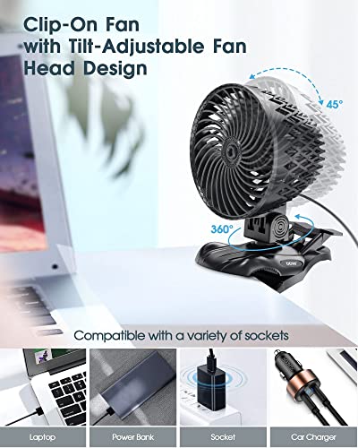 2023 New USB Desk Fan, Variable Speed Clip on Fan with Strong Airflow&Sturdy Clamp, 360°Rotation Adjustable Portable Table Cooling Fan for Home Office Car Stroller