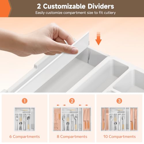 KreuRaxy Expandable Silverware Cutlery Utensil Organizer Tray for Kitchen Drawers, 13 to 22.8 Inch Adjustable Design with 2 Divider, Flatware Tableware Tray for Spoon Spatula Forks, Large, White