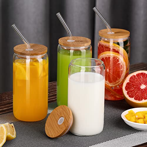 4 Pack Drinking Glasses, EFOBO 16 oz Beer Can Glass with Bamboo Lids, Straws and Cleaning Brushes, Can Shaped Tumbler Cup for Water, Ice Soda, Tea, Iced Coffee Glasses, Gifts