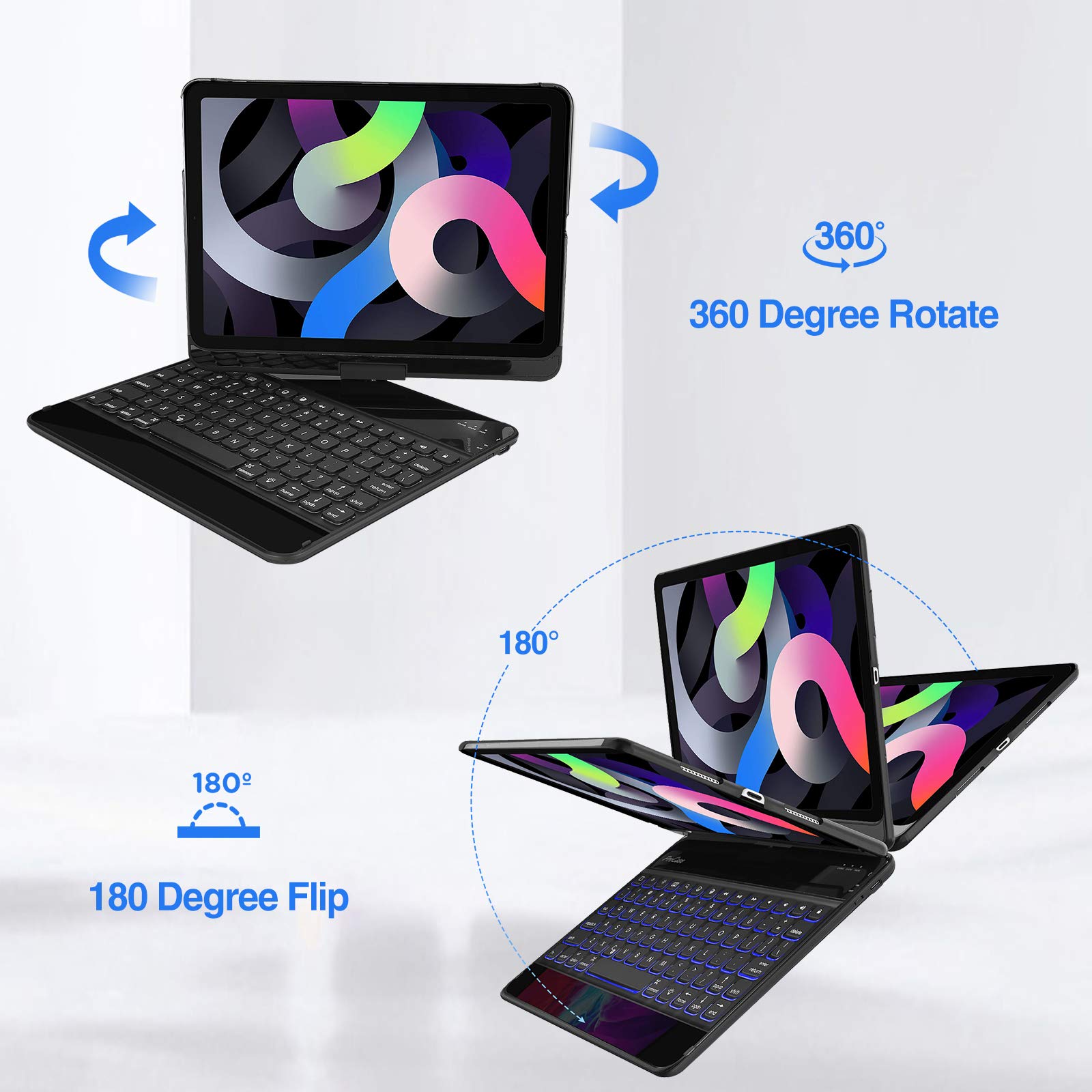 ProCase Keyboard Case for iPad Air 6th 11 inch 2024/Air 5th/4th 10.9" 2022 2020/ iPad Pro 11" 2022 2021 2020 2018, 360 Degree Rotation Wireless Keyboard with 7 Colors Backlit, Auto Sleep/Wake -Black