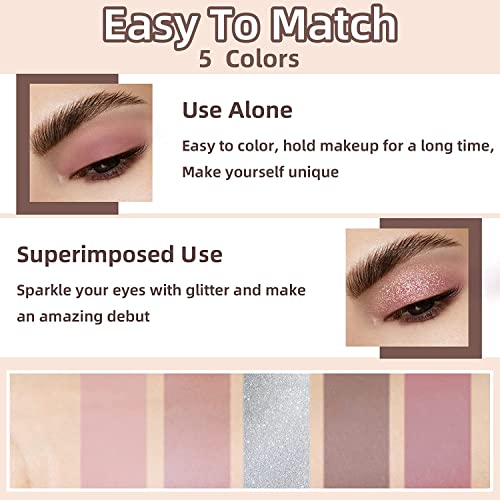 4Pcs Matte Liquid Eyeshadow + 1Pcs Sparkling Glitter Eyeshadow Set, Korean Makeup, Neutral Naked Nude Bling Eye Shadows,Quick Drying,Waterproof, Long Lasting,One Swipe Eye Make Up Kit for Natural Crystals Makeup