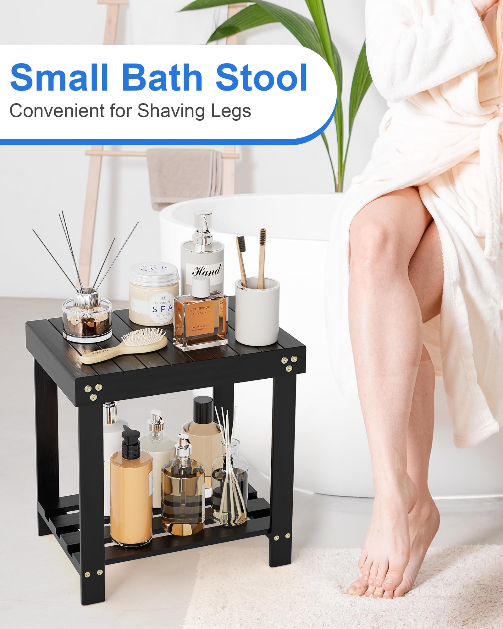 Bamneat Small Bamboo Bathroom Shower Bench with Storage Shelf, Durable Shower Stool for Shaving Legs, Indoor and Outdoor Use, Black