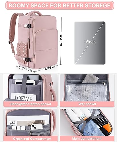 Beraliy Travel Backpack, Airline Approved Personal Item Bag, Carry On Backpack for Women,Lightweight Weekender Bag, Laptop Backpack Hiking Business Casual Daypack, Pink
