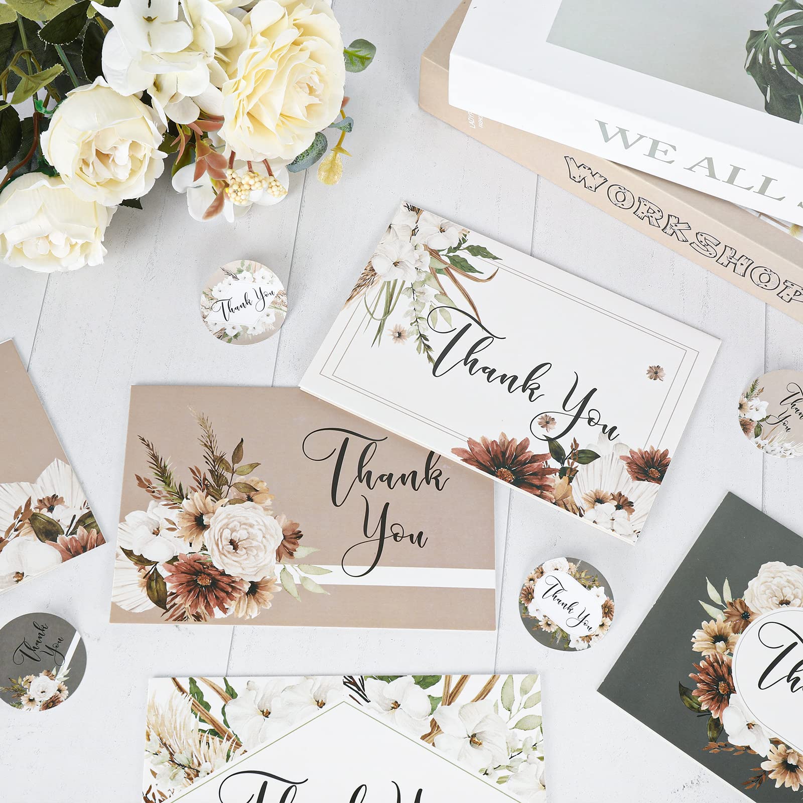 AnyDesign Boho Floral Thank You Cards Bulk 30 Pack Fall Rustic Greeting Cards with Stickers Envelopes Watercolor Flower Blank Appreciation Note Cards for Birthday Wedding Thanksgiving Baby Shower
