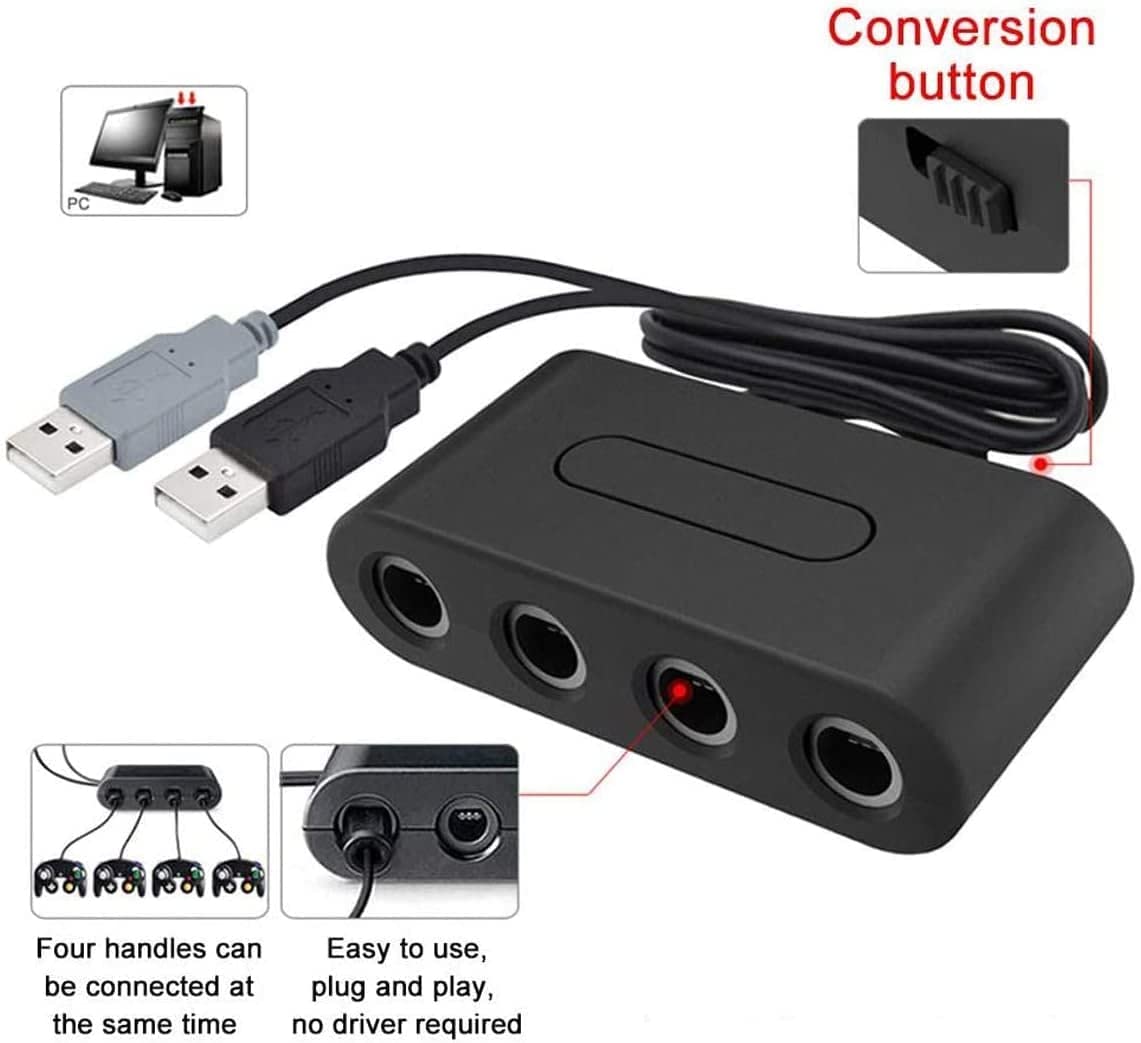 4 Gamecube controllers with 4 extension cables and 4 USB adapters for Switch PC Wii U console (black + purple + orange + blue)