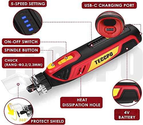 4V Cordless Rotary Tool, 5-Speed 25000RPM TECCPO Mini Power Rotary Tool with 53 Accessories, Rechargeable Rotary Tool for Grinding, Polishing, Wood Carving, Engraving, Soft Metal Drilling, Cutting