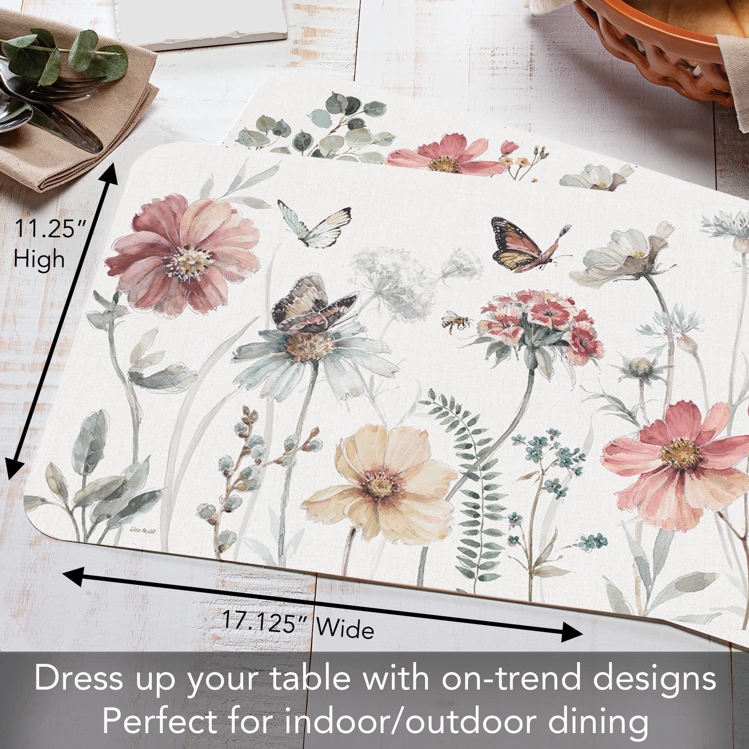 CounterArt Country Weekend 4 Pack Reversible Easy Care Flexible Plastic Placemat Made in The USA BPA Free, Easily Wipes Clean