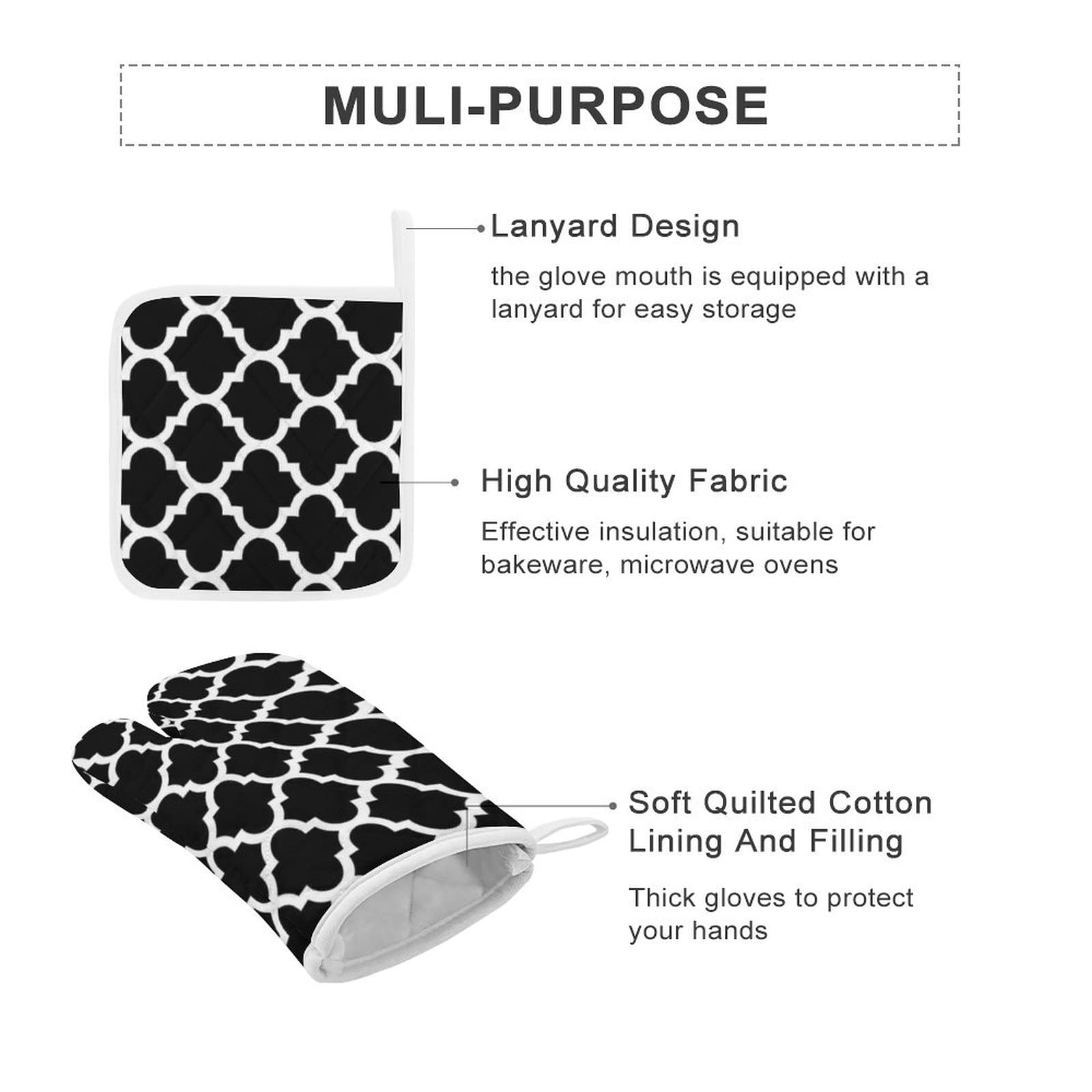 4PCS Oven Mitts Glove Kitchen Heat Resistant Pot Holders Set Black White Moroccan Quatrefoil Pattern Kitchen Microwave Oven Gloves Mitts Anti-Scald Baking Cooking Gloves