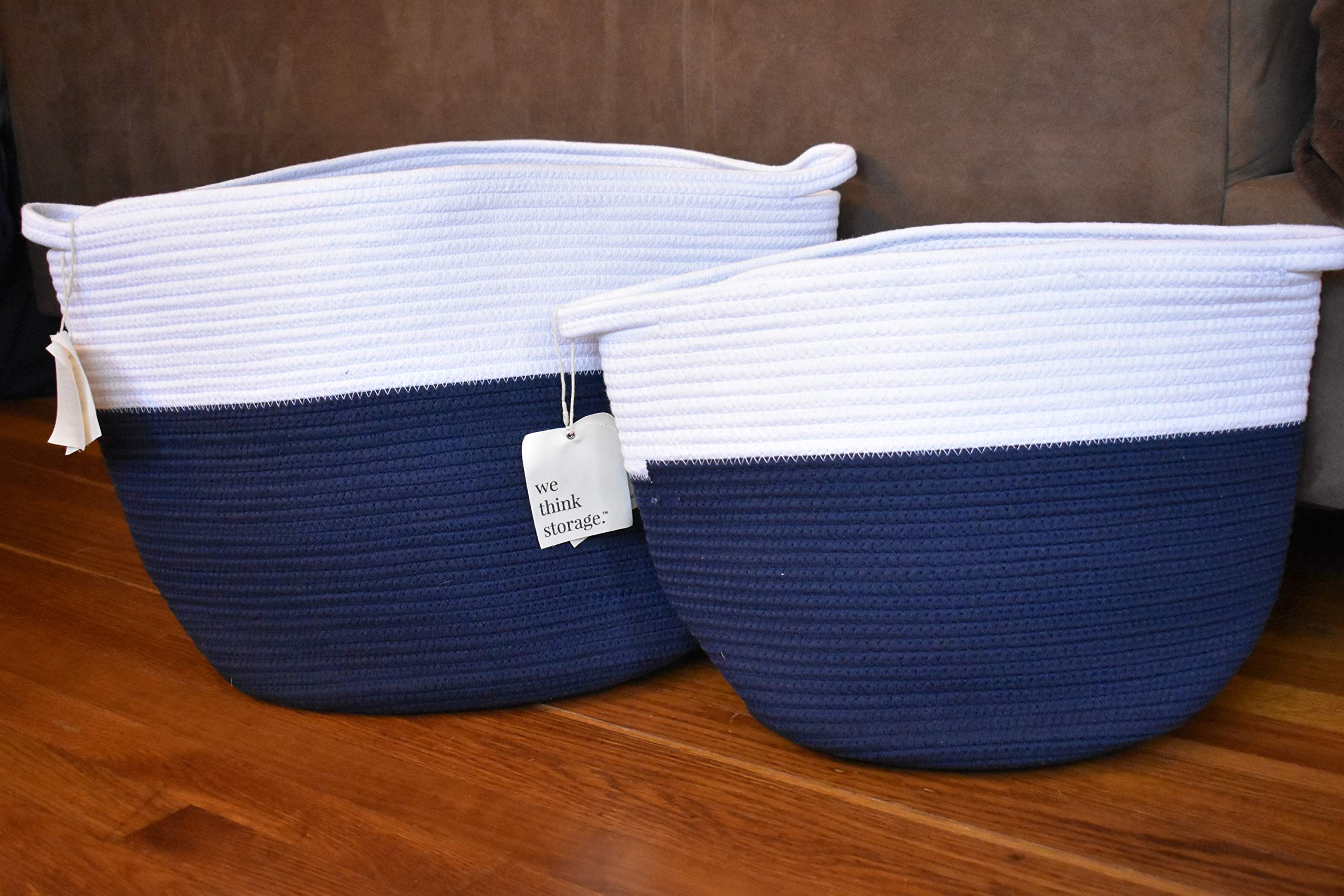StorageWorks 100% Natural Cotton Rope Hand-Woven Basket- Two Color Design- White & Navy Blue- 2 Pack