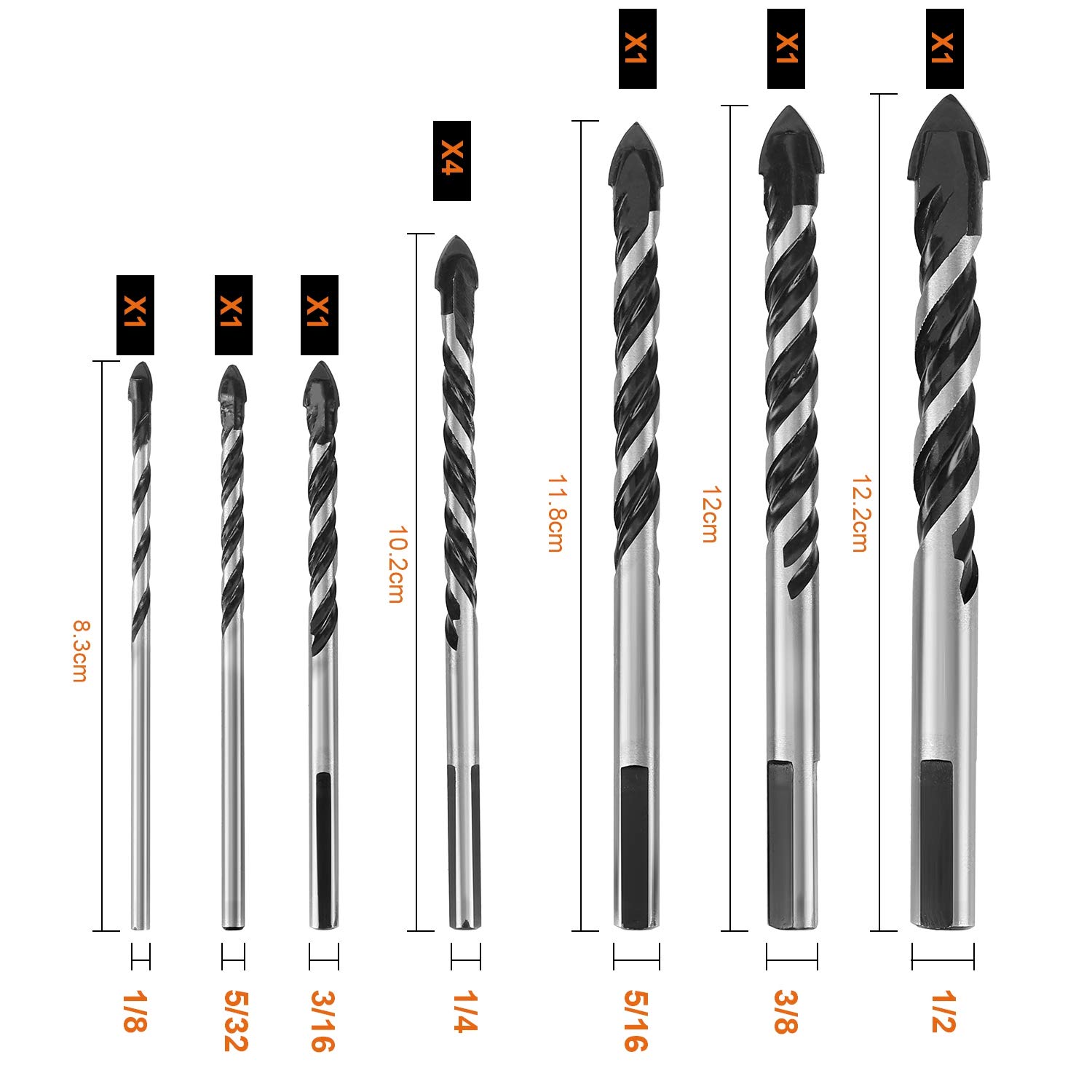 OCR 10Pcs Masonry Drill Bits Set, 1/8 to 1/2 Inch Bits for Power Drills, Professional Concrete Drill Bit Set for Tile Brick Cement Concrete Glass Plastic Cinder Block Wood