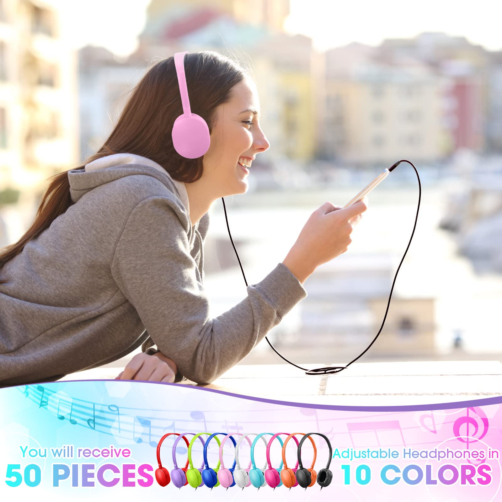 50 Pack Bulk Classroom Headphones Colorful Student Wired Headphone Comfortable Adjustable On Ear Headphone with 3.5 mm Headphone Plug for School Classroom Kids Adults Testing Libraries Airplane Travel