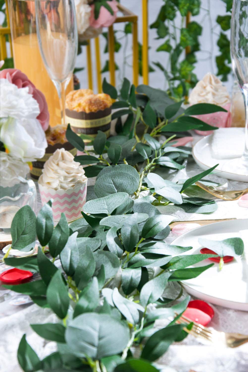 4 Pcs 6.5 Feet Artificial Silver Dollar Eucalyptus Leaves Garland with Willow Vines Twigs Leaves String for Doorways Greenery Garland Table Runner Garland Indoor Outdoor.