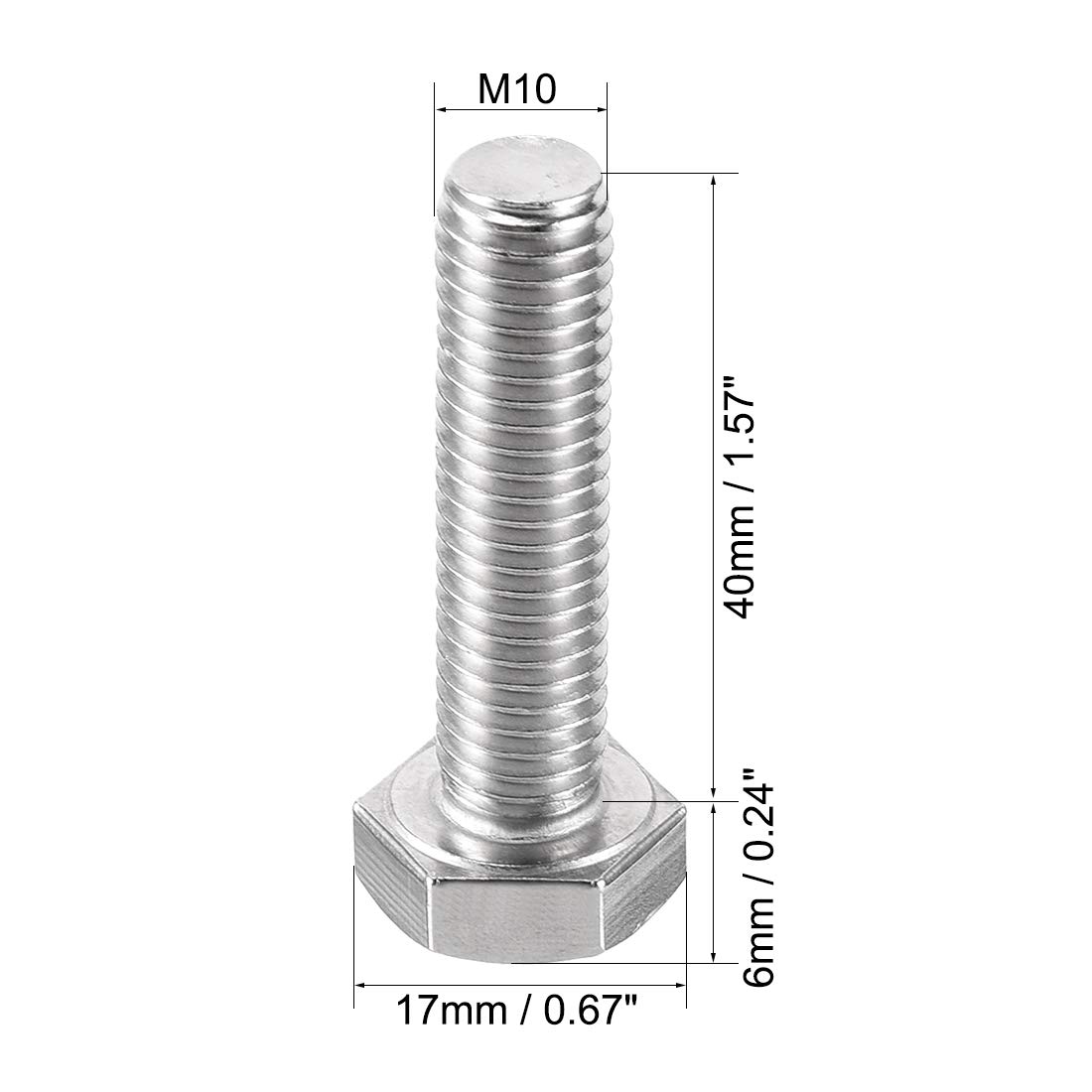 uxcell M10x40mm Hex Bolts 304 Stainless Steel Hexagon Left Hand Screw Bolt