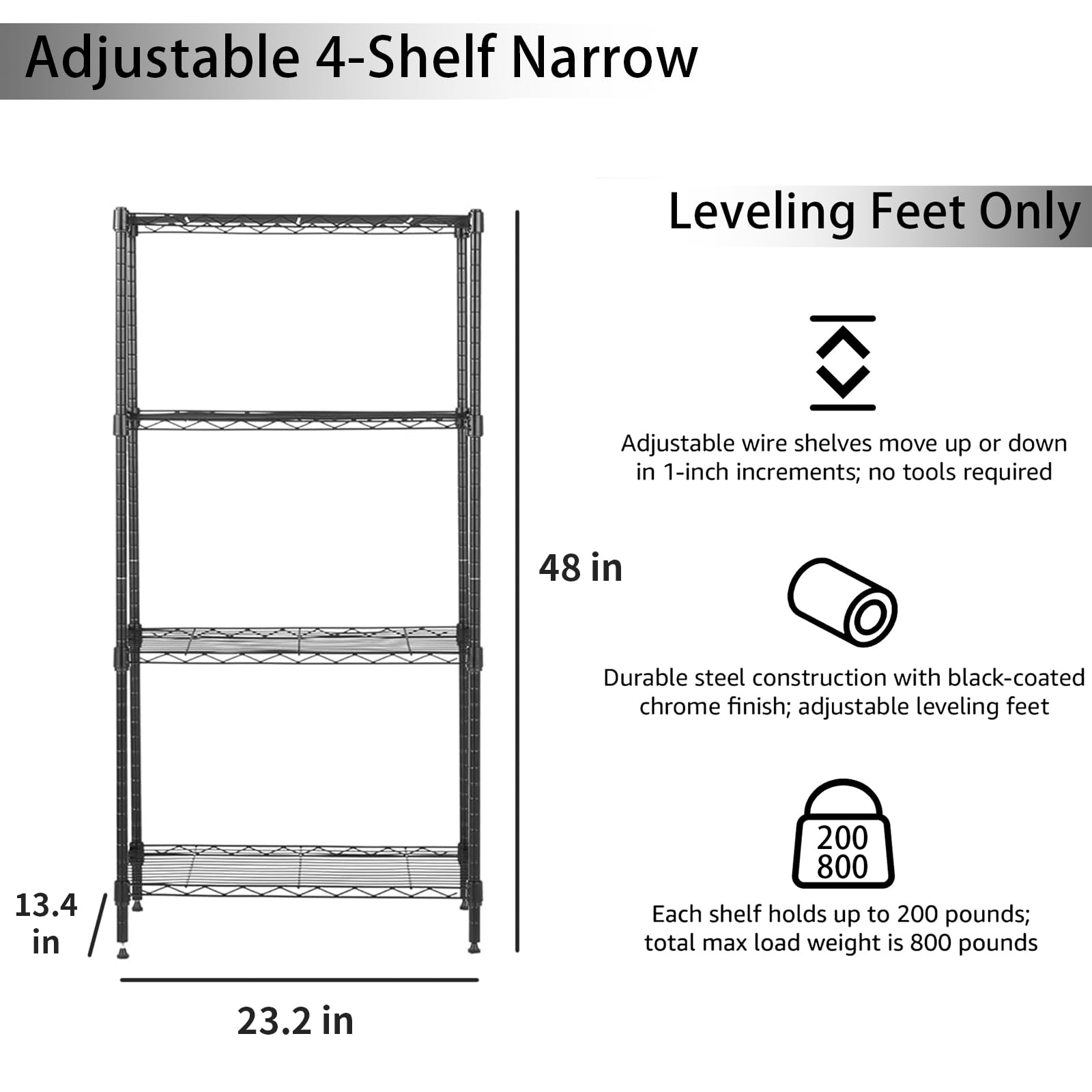 4-Shelf Adjustable,Standing Storage Shelf Units,(200 Pound Loading Capacity per Shelf) Steel Organizer Wire Rack for Laundry Bathroom Kitchen Pantry Warehouse Basement,13.4"D x 23.2"W x 48"H, Black