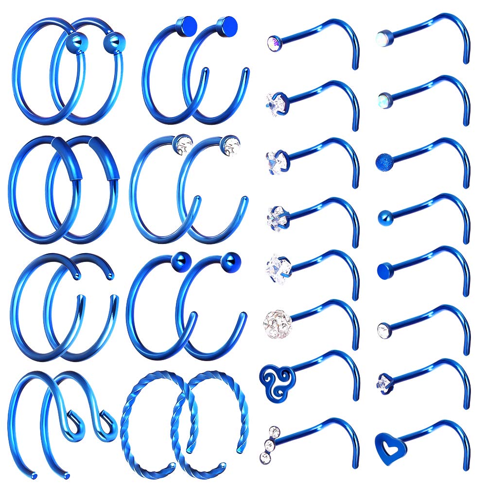 32Pcs Style-2 20G Blue 32Pcs 20G Unisex L-Shaped C-Shaped Nostril Screw Nose Tongue Lip Ear Rings Hoop Studs Seamless Hinged Rings Ball Closure Rings Mixed Set
