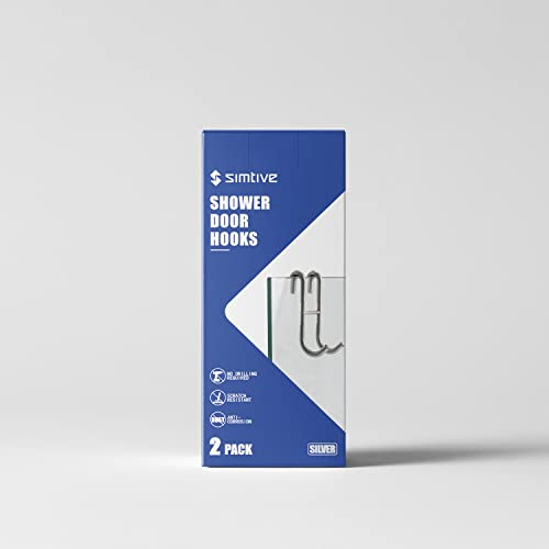 Simtive Shower Door Hooks (2-Pack), Towel Hooks for Bathroom Frameless Glass Shower Door, Shower Squeegee Hooks, Silver