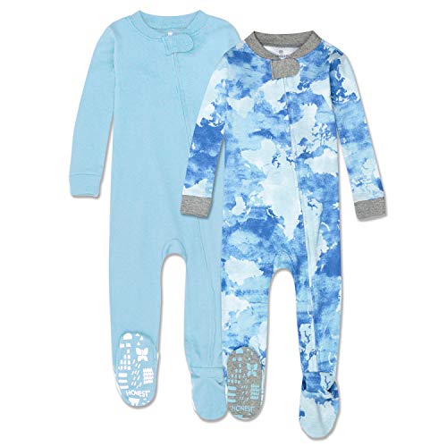 HonestBaby Non-Slip Footed Pajamas One-Piece Sleeper Jumpsuit Zip-Front 100% Organic Cotton PJs for Baby Boys (LEGACY), Watercolor World/Teal Blue, 18 Months