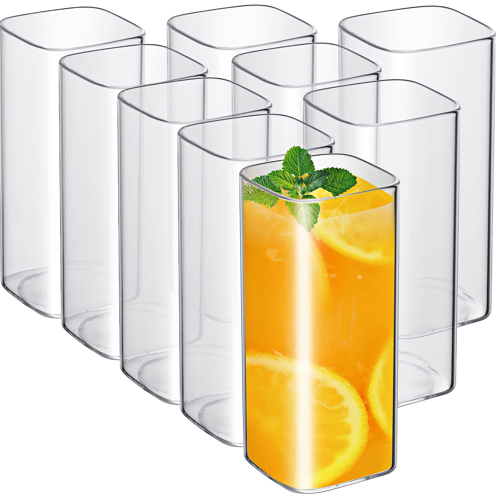 9 Pack 13 oz Clear Drinking Glasses Square Highball Thin Glass Cups Tumbler Set Elegant Bar Modern Glassware for Water Coffee Mixed Drinks Cocktail Wine Beer Juice Iced Tea Kitchen Party Home