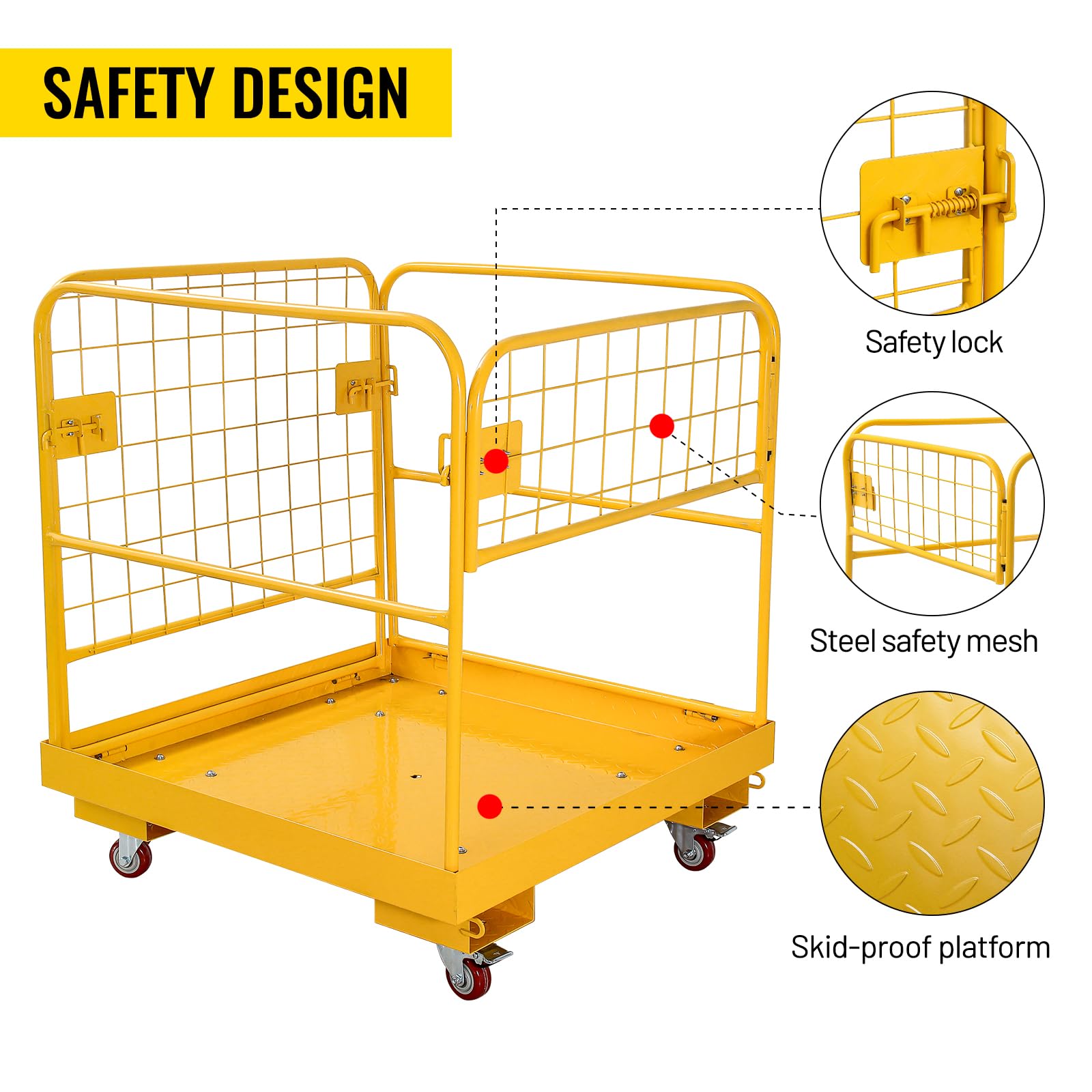 KODOM Forklift Safety Cage 36''x36'', Forklift Work Platform 1200LBS Capacity with 4 Universal Swivel Wheels, Collapsible Lift Basket Aerial Rails Aerial Platform