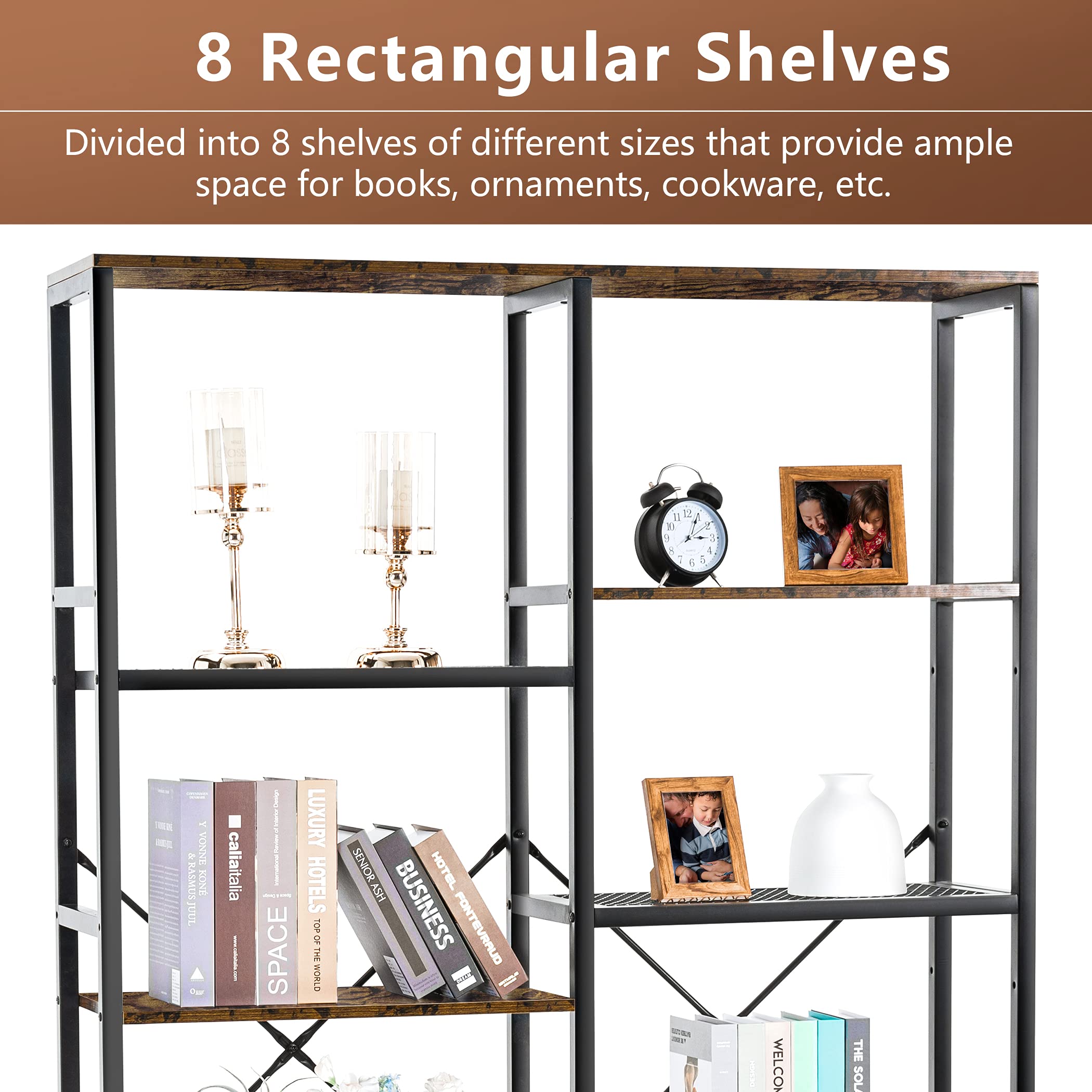 Becko US Bookshelf Bookcase Industrial 8 Tier Book Shelf Vintage Etagere Bookcase with Rustic Finish & Metal Frame & Wire Mesh